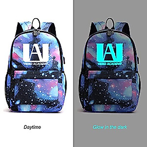 MHA Luminous Backpack Academia Notebook Izuku Notebook Laptop Backpack with USB Charging Port Unisex Bookbag Daypack (Galaxy)