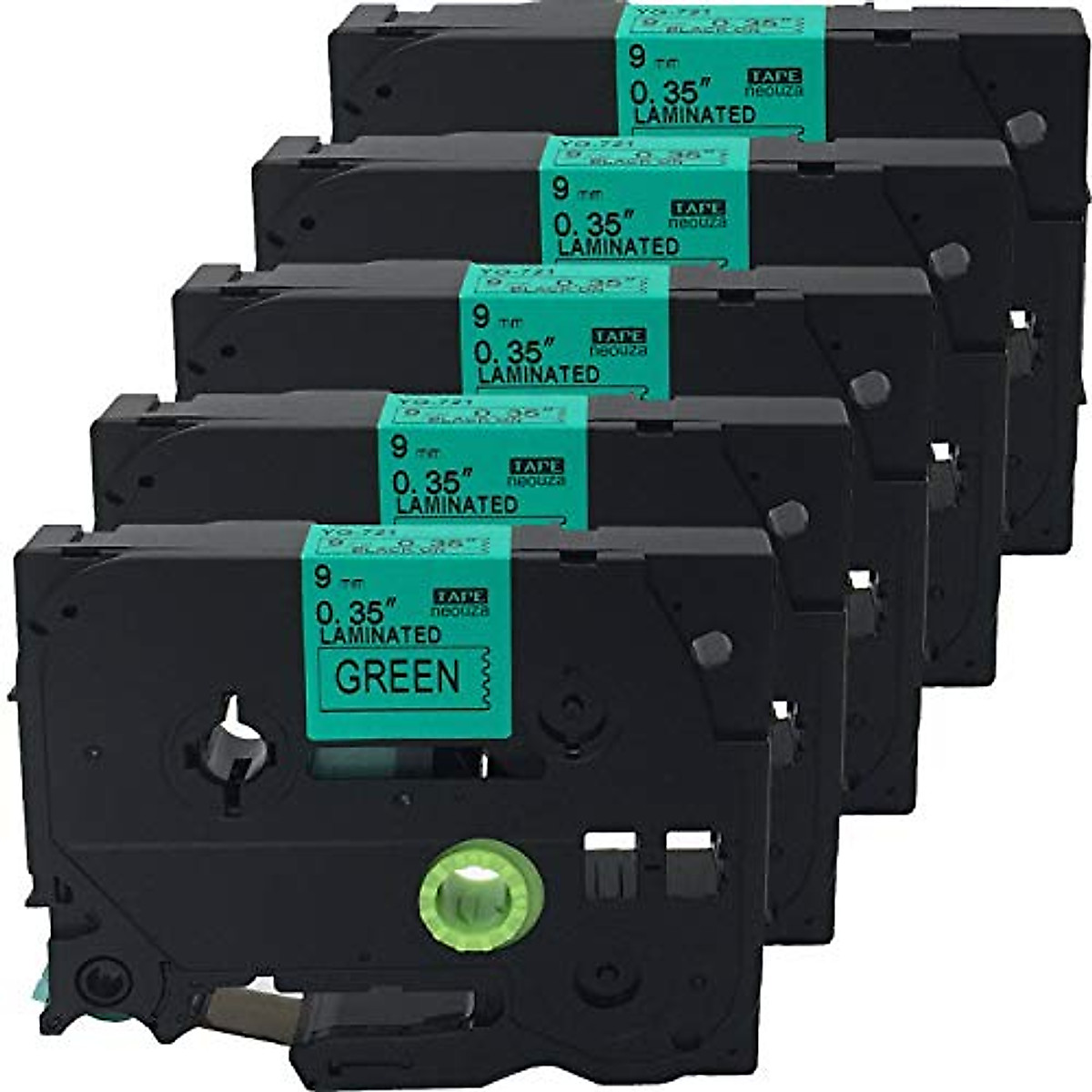 NEOUZA 5PK Compatible for Brother P-Touch Laminated Tze Tz Label Tape Cartridge 9mm x 8m (TZe-721 Black on Green)
