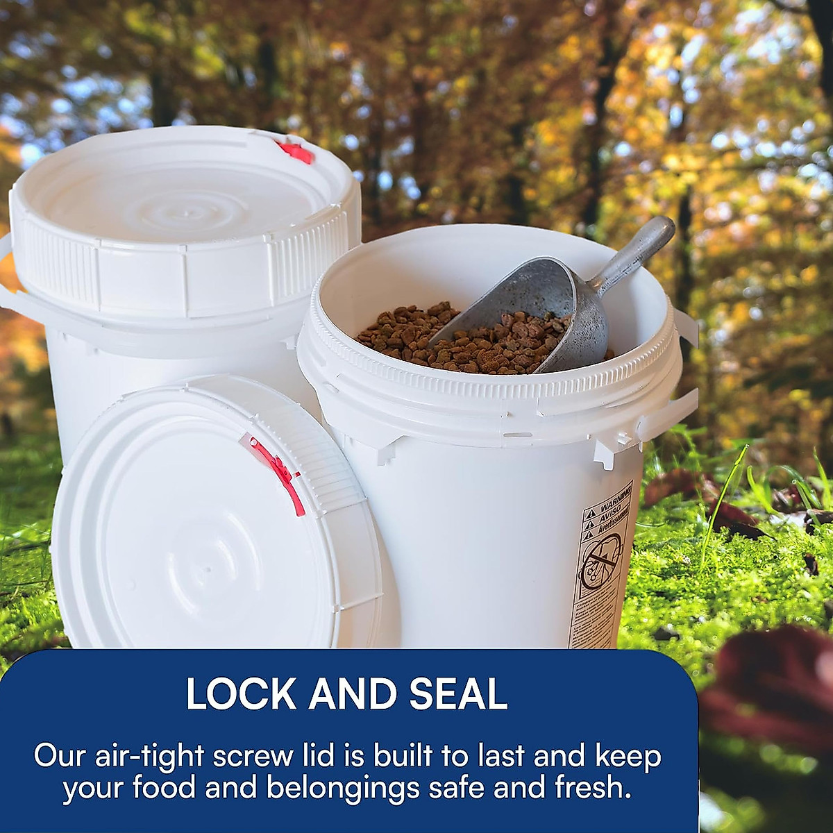 5 Gallon Food Grade Storage Container with Screw Lid - Durable Plastic for All-Purpose Storage - Pack of 2 - Air-Tight Design with Child Resistant Button ensures Safety. Perfect for Food Safe Buckets