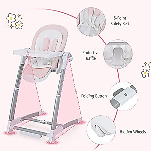 BABY JOY Baby Swings for Infants, 3 in 1 Foldable High Chair w/ 8 Adjustable Height, 5-Position Backrest, 3 Timer Settings, 12 Melodies and 5 Natural Sounds, Booster Seat for Dining Table (Pink)