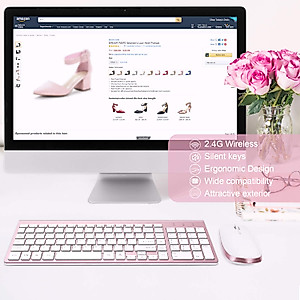 Wireless Keyboard and Mouse, FENIFOX Full-Size Whisper-Quiet Compact Compatible with Mac PC Laptop Tablet Notebook Windows - Rose Gold Pink