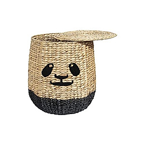 Bloomingville Handwoven Beige & Black Panda Face Rattan Lid Basket, Beige