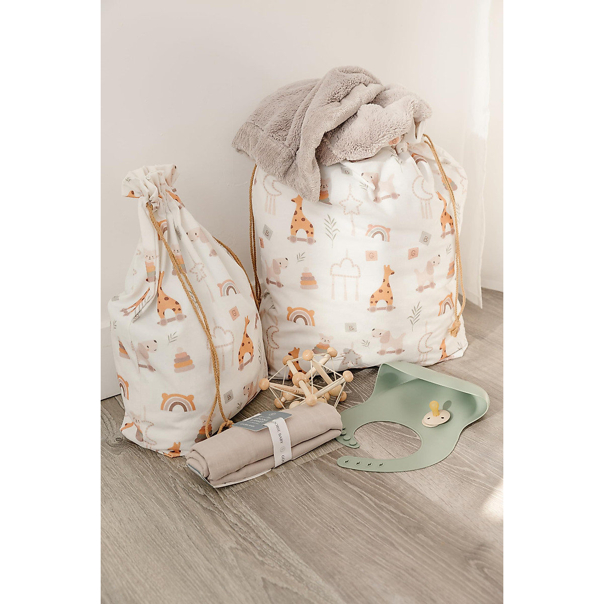 Gather & Knot Drawstring Gift Bags | 20" Large 12" Small | Premium Canvas | Reusable Fabric Wrap for Baby Shower, Neutral Gender Reveal, Kid Birthday | Boho Toy