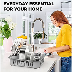 Mueller Dish Rack For Kitchen Counter, European Made Dish Drying Rack with Utensil Holder, 15" x 11" x 4" Utensil Rack, Dish Racks for Kitchen Countertop, Sink, Gray