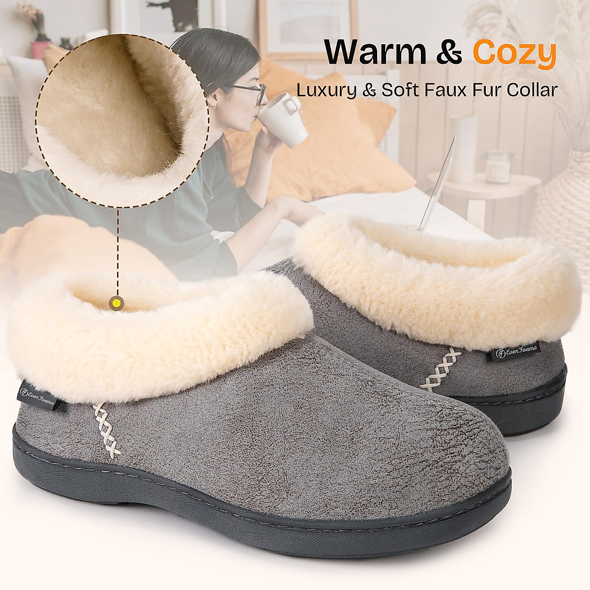 EverFoams Women's Micro Suede Cozy Memory Foam Winter Slippers with Fuzzy Faux Fur Collar and Indoor Outdoor Rubber Sole (Gray, Size 11-12 M US)