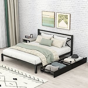 Bellemave Queen Bed Frame with 2 Storage Drawers, Queen Size Metal Platform Bed with Headboard, Noise-Free, No Box Spring Needed, Black, Black With Drawers