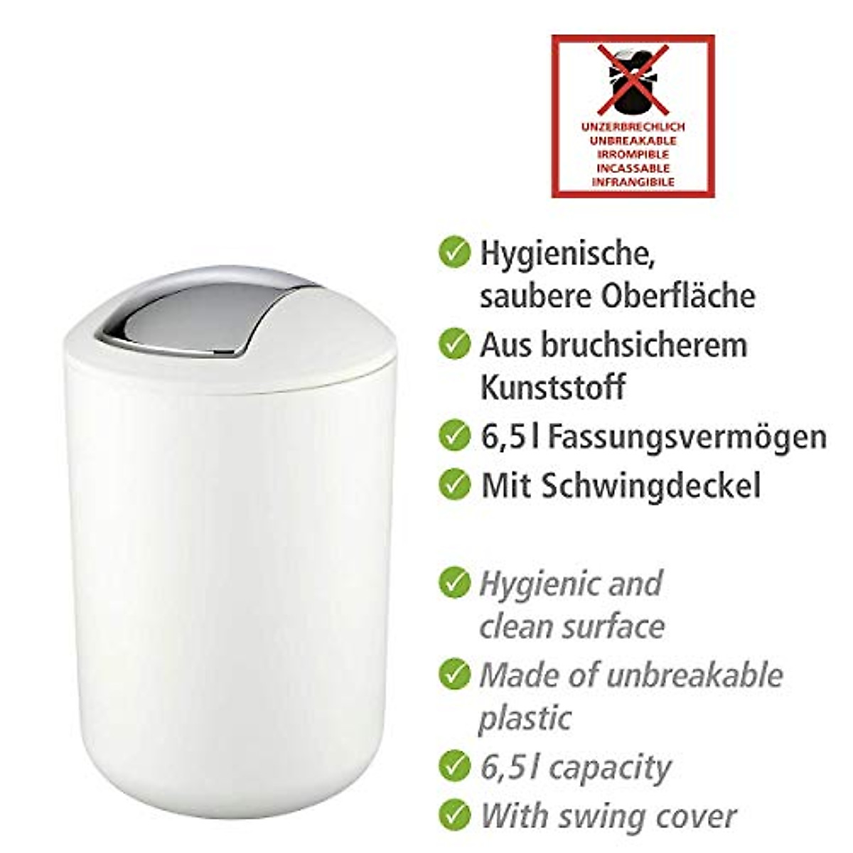 WENKO 21207100, Garbage Bin with Swing Lid, Bathroom Trash Can, Waste Basket for Small Spaces, Bedroom, Office, Guest Toilet,1.7 gal, White, 7.68 x 7.68 x 12.2 in, 19.5 x 19.5 x 31 cm