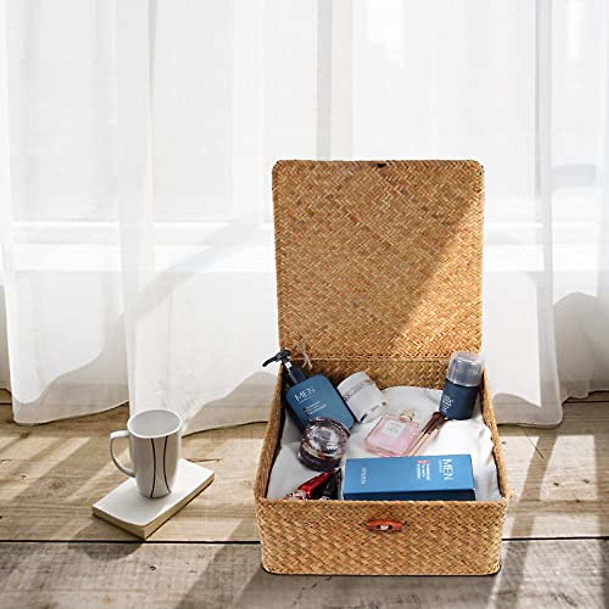 Ruosuruosu Cube Stackable Storage Bins Lids,Wicker Woven Storage Baskets Shelves,Set 4 Seagrass Storage Boxes,Rattan Storage Containers Organizing,Clothes,Toys,Books Cluttered Small Items Honey Brown