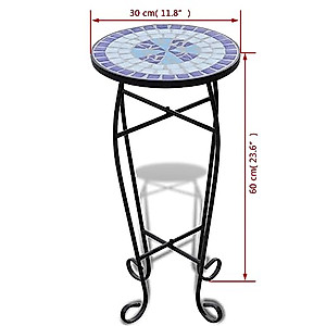 YAFF Mosaic Side Table Plant Table, Round End Table for Patio Porch Indoor Outdoor Accent Table, Small Coffee Table for Garden Porch Living Room Balcony Deck Porch Pool Blue White