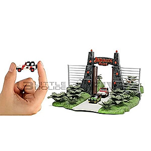Nano Scene Jurassic Park 30th Anniversary Jurassic Gate Diorama w/ Two 1.65" Die-Cast Cars, Toys for Kids and Adults