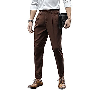 SweatyRocks Men's High Waist Fold Pleated Crop Suit Pants Work Office Business Long Trousers with Pockets Coffee Brown M