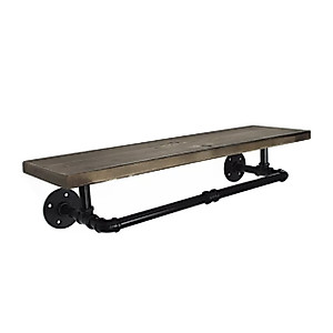 HomeDecoGoods Industrial Sturdy Retro Cast Iron Pipe Clothes Rack with Wood Shelves Wall Mounted Shelf Holder Stand for Livingroom, Restroom and House