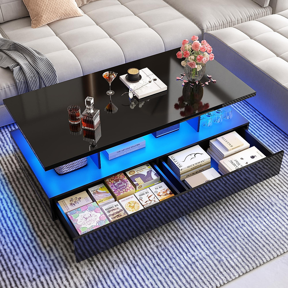 jiteentarou LED Coffee Table w/ 2 Storage Drawers,App Control,High Glossy Modern Black Coffee Table w/60,000-Color Lights,Rectangle 2-Tier Center Table w/Display Shelf for Living Room