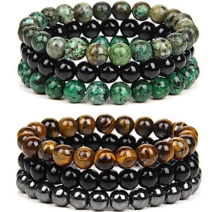 CASDAN 6 Pcs 8mm Semi-Precious Gemstones Beaded Bracelets for Women Men Healing Crystal Stone Bracelet Stretch Round Beaded Elastic Bracelets Unisex Jewelry Gifts(TIGER Eye)