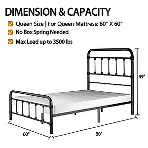 Macbimony Queen-Bed-Frame with headboard Giselle-Vintage Antique-Metal - Platform Mattress Foundation,49 inch High,No Box Spring Needed(Black)