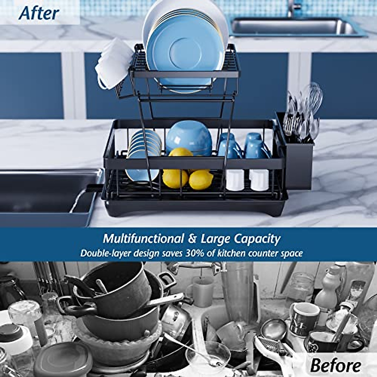 Dish Drying Rack for Kitchen Counter, 2 Tier Dish Rack Large Space Saving Kitchen Dishes Tray Drying Racks with Drainboard, Black Best Dish Drainer Set