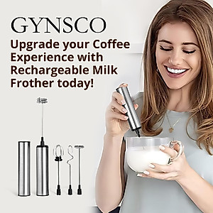GYNSCO - Milk Frother Rechargeable (USB) with 4 Electric Whisk Frother Tools, Easy-to-Use Handheld Stirrers Electric Powered for Mixing Coffee, Latte, Eggs, Baby Food, Hot Choco & More