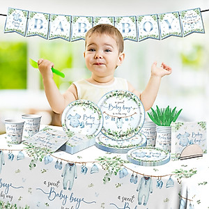 Greenery Baby Shower Tableware Set,Watercolor Blue Boy Baby Shower A Sweet Boy Is On His Way Plates and Napkins Sets Include Plates Napkins Cups Tablecloth for Boy Baby Shower Gender Reveal Supplies