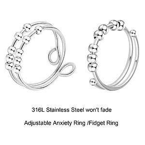 SERYNOW Fidget Ring Double Layer Anxiety Rings for Women Adjustable Worry Rings Beads Stress Relief Ring Fidget Spinner Rings for Girls Men (Silver B 2pcs)