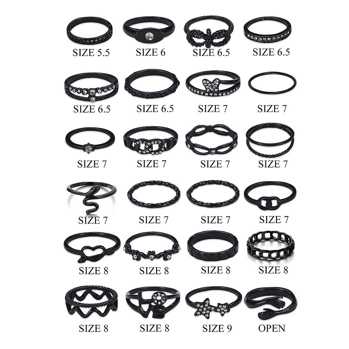 KISS WIFE Gold Knuckle Rings Set for Women, Dainty Simple Trendy Cute Stackable Finger Rings Pack, Stacking Layering on Thumb and Knuckle, Mixed Size (Black)