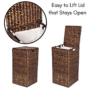 BIRDROCK HOME Single Laundry Hamper with Liner and Lid - Brown Wash - Hand Woven Natural Seagrass Fiber - Organize Clothes Storage - Easy Transport - Single Basket - Liner Bag