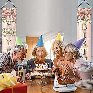 2Pcs 90th Birthday Banner Decorations for Women, Pink Rose Gold Happy 90 Birthday Sign Party Supplies, Cheers to 90 Years Birthday Backdrop Decor
