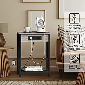 Nightstand with Charging Station Set of 2 End Table with USB Ports and Power Outlets Modern Side Table for Bedside Sofa in Bedroom Living Room Farmhouse, Grey and Black
