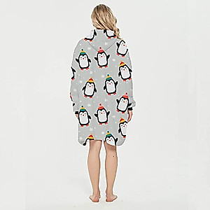 Wearable Blanket Hoodie for Women Men Adults, Teens Sherpa Fleece Oversized Hooded Sweatshirt Blanket with Pockets -Cute Penguin
