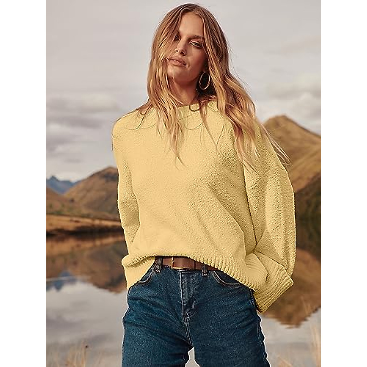 ANRABESS Women's Oversized Crewneck Long Sleeve Fuzzy Knit Casual Chunky Warm 2025 Fall Pullover Sweaters Top Trendy Outfits Yellow X-Large