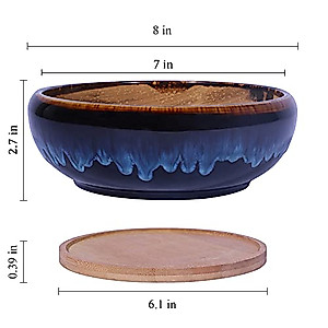 SQOWL 7 Inch Round Ceramic Succulent Planter Pot Drip Glazed Shallow Planter with Drainage Bamboo Tray for Indoor Plants