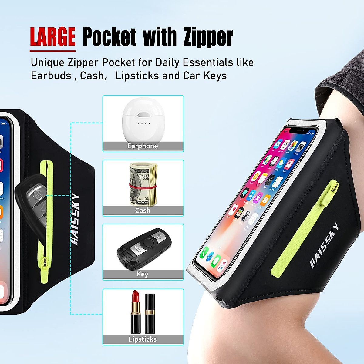 Running Armband [3D Design] with AirPods Bag, Running Phone Holder for iPhone 15 14 13 12 11 Pro Max Plus, Samsung S24 S23 S22 S21 [Up to 6.9 Inch], Gym Workouts Sports Arm Band with Card Holder