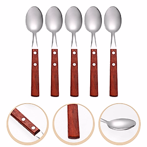 Hemoton 5pcs Stainless Steel Coffee Spoons Wood Handle Tea Spoons Dessert Ice Cream Cake Tasting Spoon Dinner Spoon for Home Kitchen Restaurant