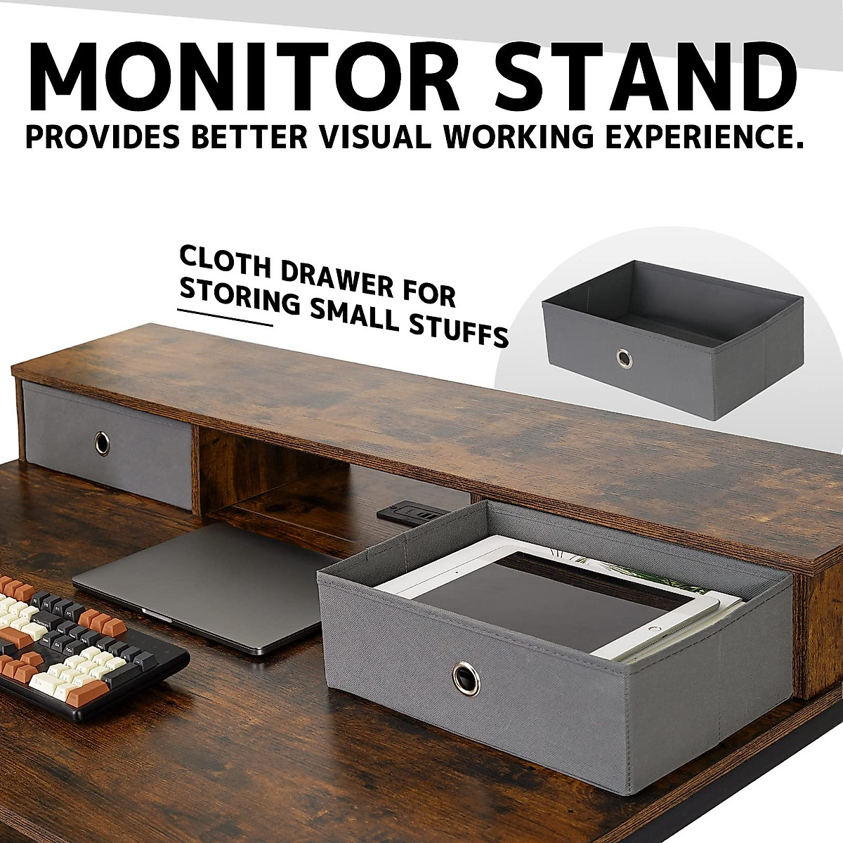 TOPSKY 47”x 31.5” Computer Desk with Drawers, Monitor Stand, Storage Shelf, 3-Port Charging Station (Bamboo)