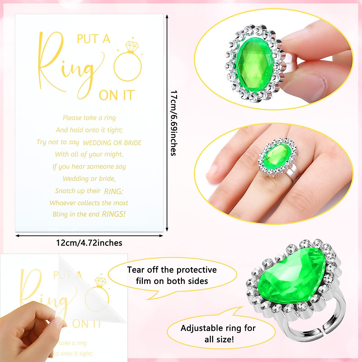 Woanger Put a Ring on It Game with 100 Pcs Fake Rings, Plastic Rings for Bridal Shower Game, Acrylic Sign for Guests Engagement Wedding Decoration