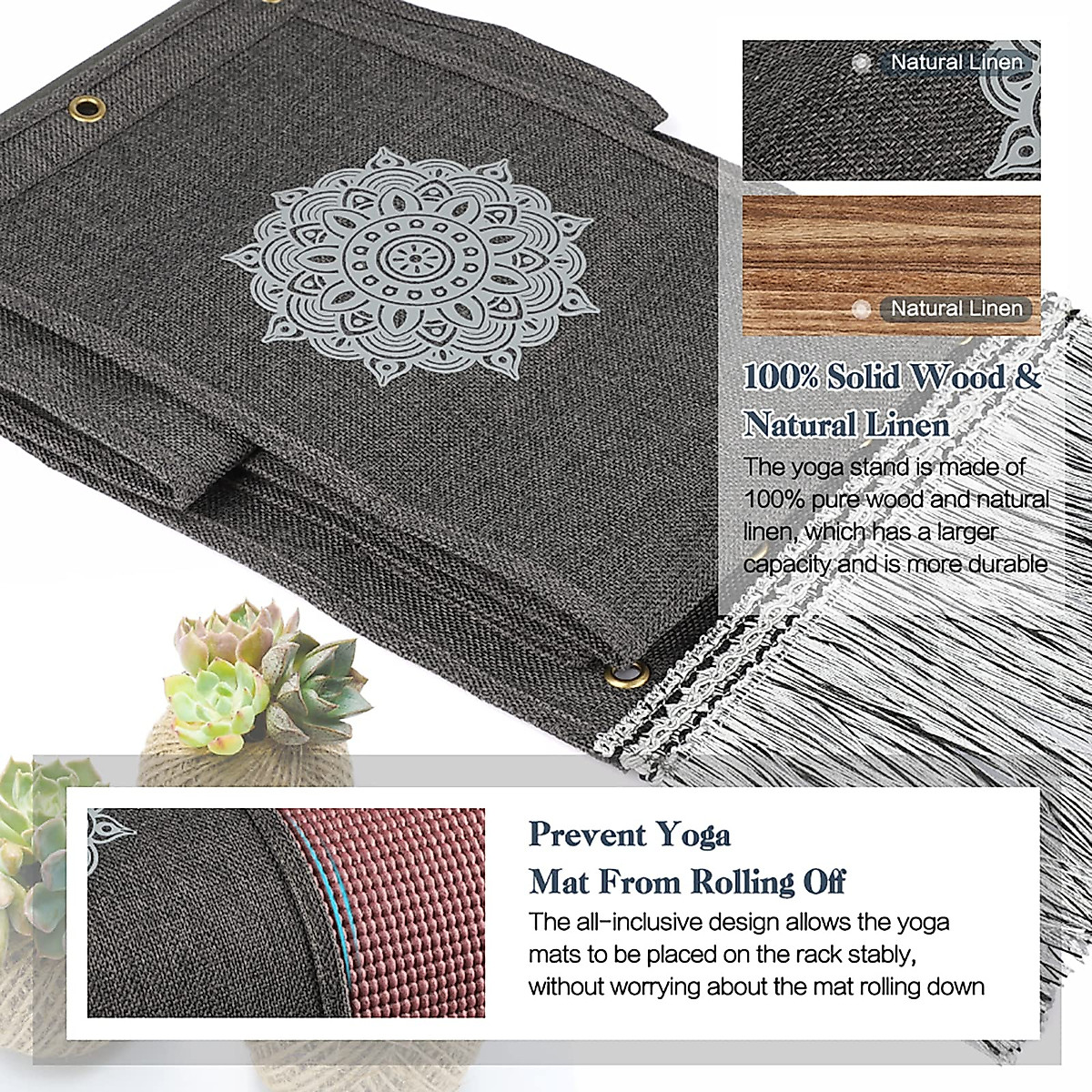 VINAEMO Yoga Mat Holder Wall Mount Storage Rack with 3 Sizes Pocket Wood Floating Shelves and 4 Hooks for Hanging Foam Roller Yoga Mats Yoga Block Home Gym Accessories Carbonized Black