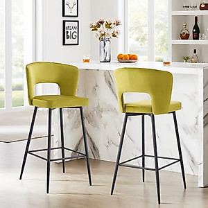 YUMPION Set of 2 Cloth armless Yellow Fashion Fabric Stool, Counter Height Modern Velvet backrest Fabric bar Chairs,Bar Stool Chair for Kitchen/Balcony with Black Metal Legs