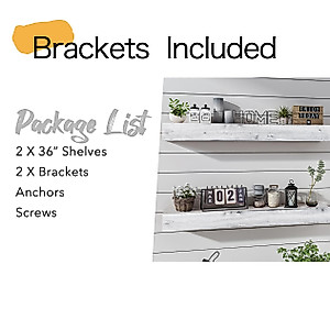 ROOREVO Wall Floating Shelves, Rustic Wood Shelf for Wall Mounted - Wooden Handmade Shelves for Bathroom Kitchen Livingroom(Distressed White, 36 Inch - 2 Pack