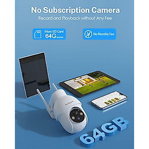 Rebluum Security Camera Wireless Outdoor, 2K Solar Security Camera, Battery Powered 360°PTZ Security Camera, Color Night Vision, 2-Way Audio, Compatible with Alexa (64GB SD Card Pre-Installed)