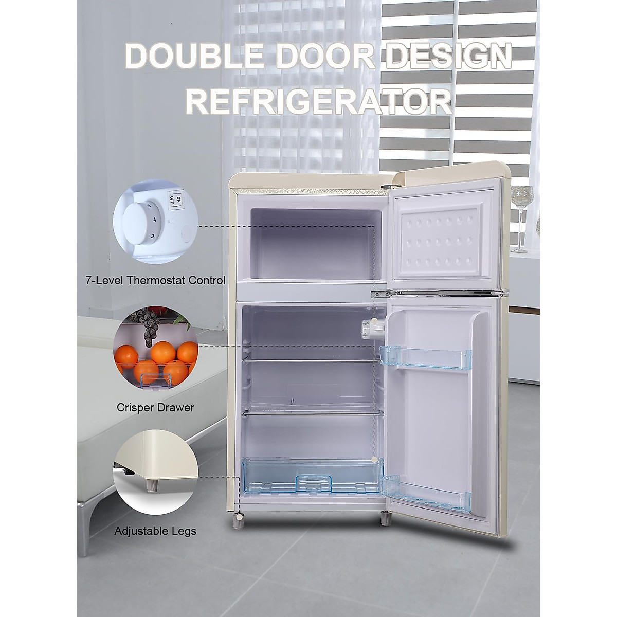 WANAI Compact Refrigerator 3.5 Cu.Ft Retro Mini Fridge With Freezer 2 Door Mini Refrigerator with 7 TEMP Modes, Removable Shelves, LED Lights, Ideal for Apartment Camper Dorm and Office, Cream