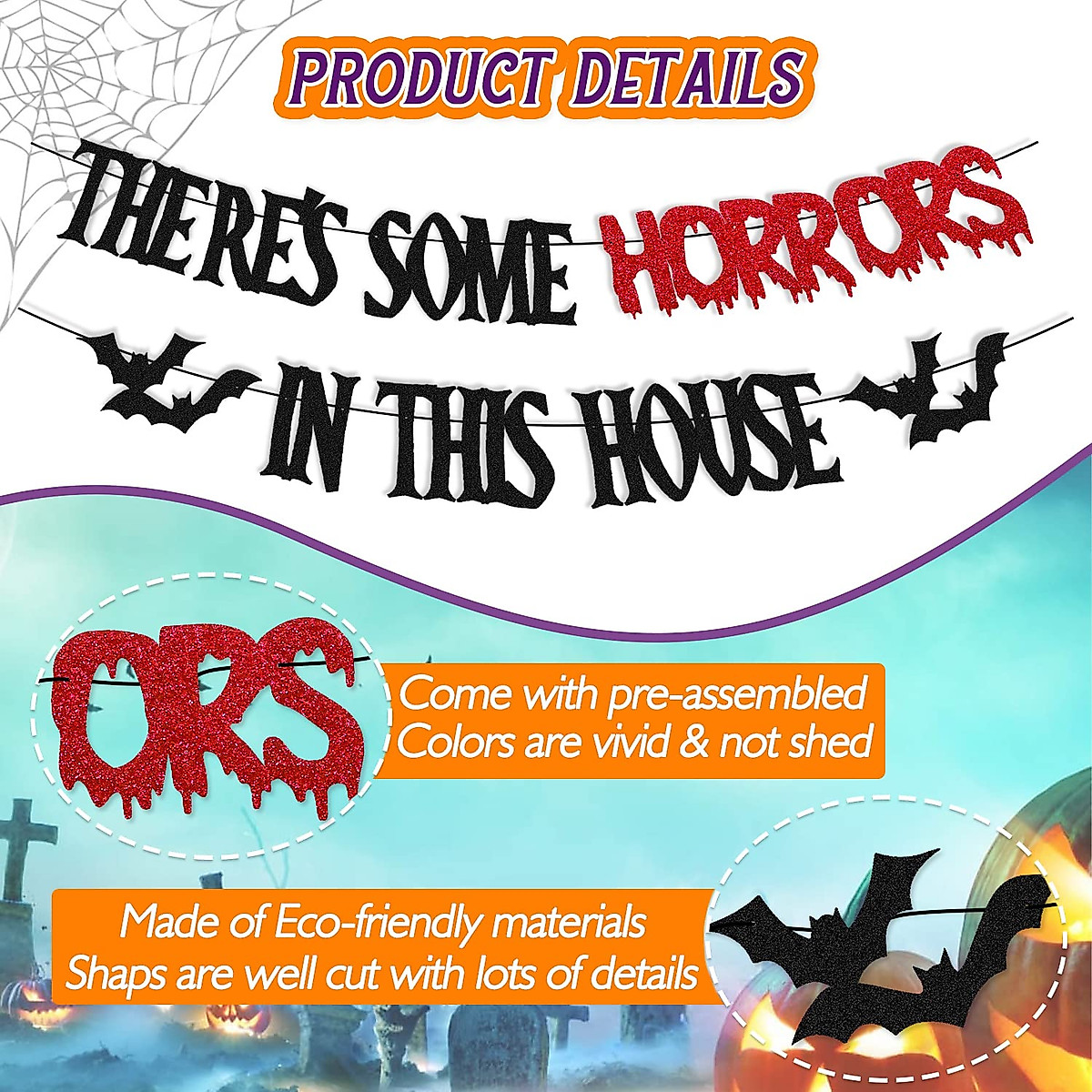 There’s Some Horrors in This House Banner Halloween Horrible Bat Scary Themed for Boy Girl Kids Halloween Festival Party Decorations