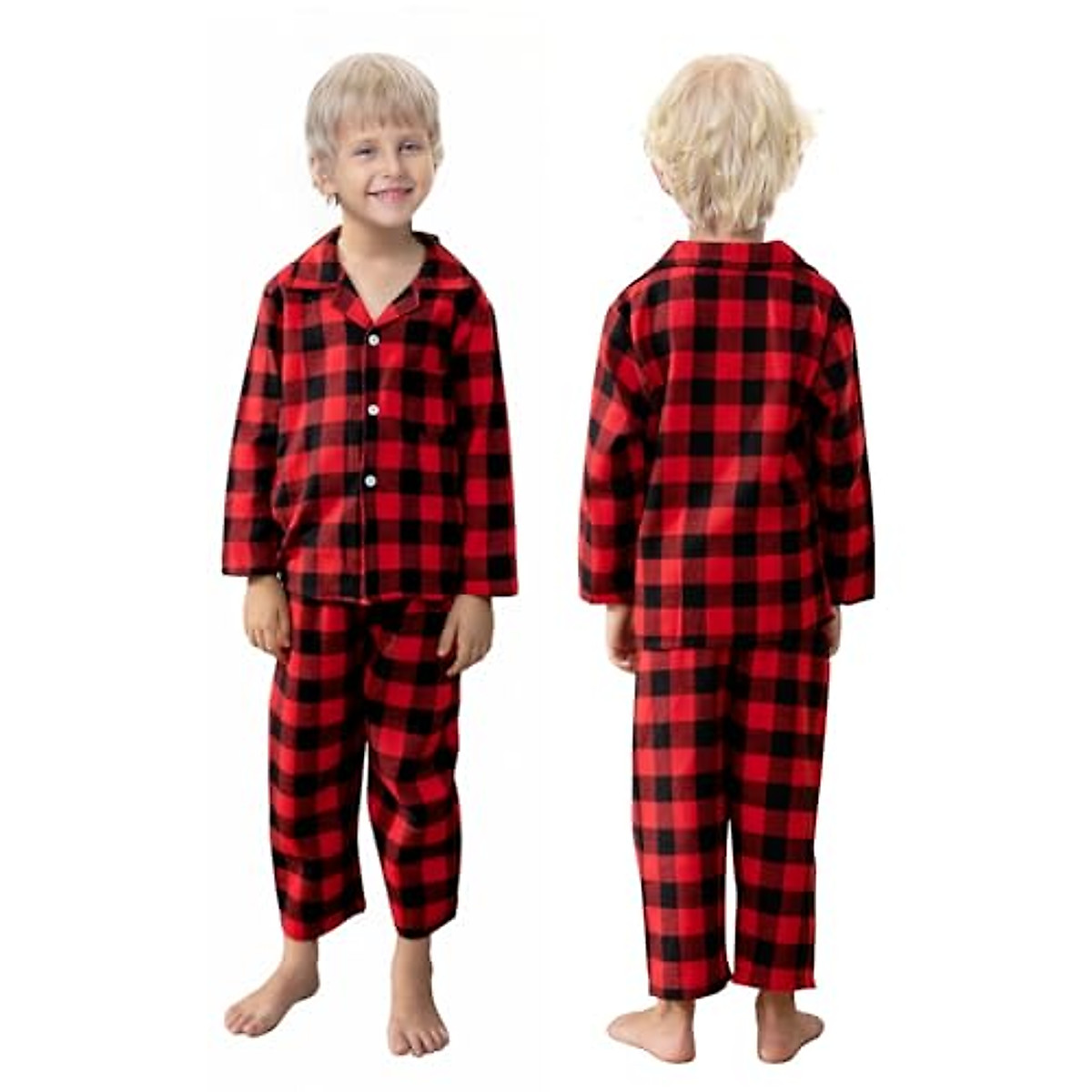 Schbbbta Kids Button Down Sleepwear Pjs Boys & Girls 2 Piece Plaid Pajama Set, Red Black, 4-5T = Tag 120