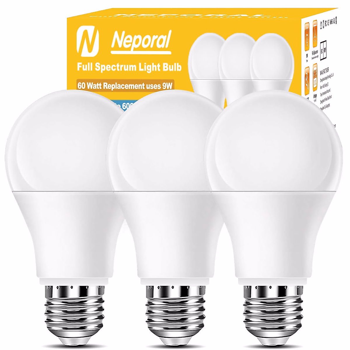 Full Spectrum Light Bulb, 6000K Natural Sunlight Bulbs, 9W 60W Equivalent LED Light Bulb, Natural Light Bulbs A19, E26/E27 LED Light Bulbs for Home, 3 Pack