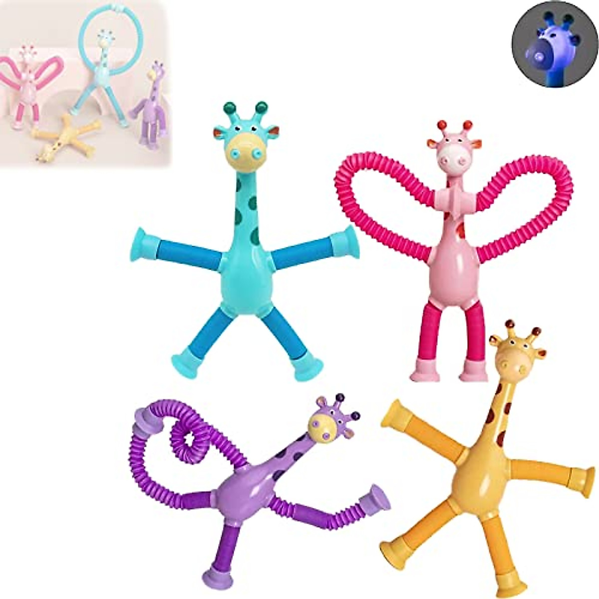 Telescopic Giraffe Suction Toys 4PCS, Telescopic Suction Cup Giraffe Toy Shape Changing Giraffe Telescopic Tube Suction Toys Stretch & Decompress Educational Sensory Toys for Kids (with Light)