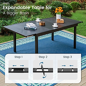 PHI VILLA 7-Piece Outdoor Patio Table and Chairs Set Heavy Duty Furniture Dining Set with 6 Large Swivel Chairs, 1 6/8 Person Extendable Rectangular Metal Table for Deck Garden Yard