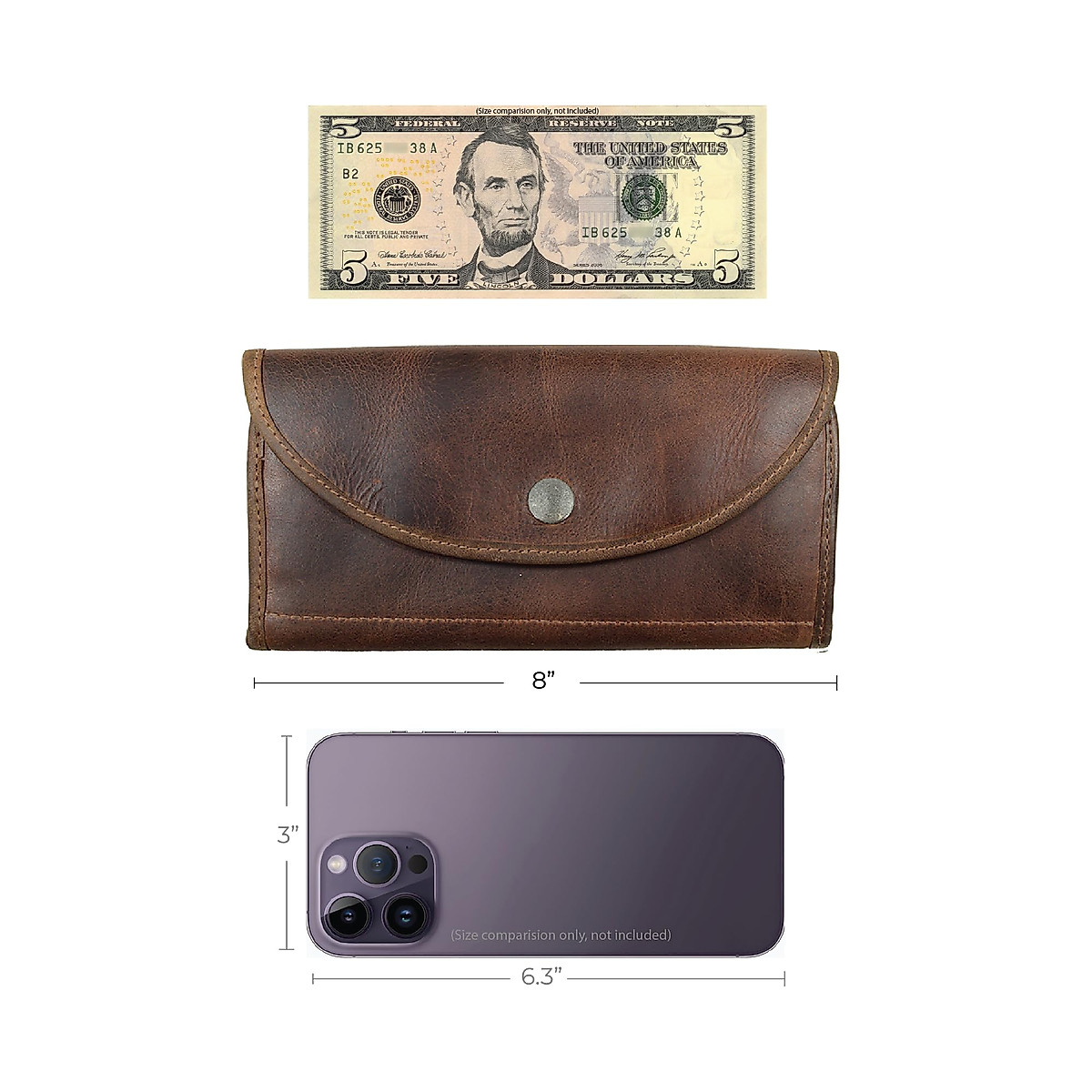 Hide & Drink, Snap Clutch Wallet for Women, Money Holder and Card Organizer with Zippered Pouch, Full Grain Leather, Handmade, Bourbon Brown