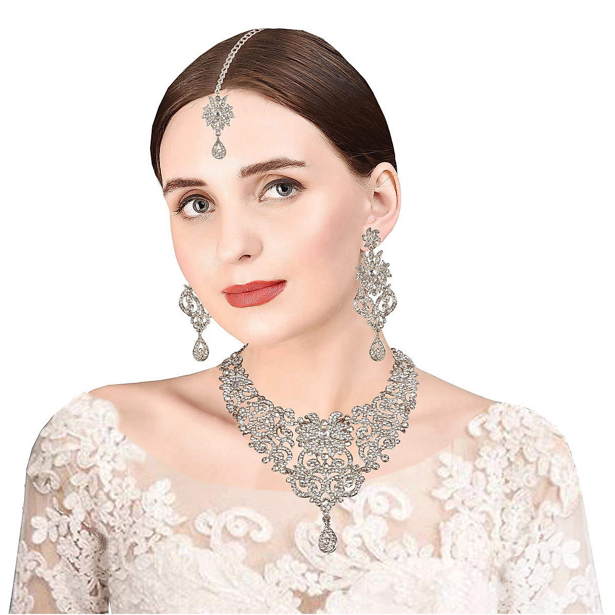 Touchstone Indian Bollywood Traditional Royal Look Attractive Filigree Carving Rhinestone Grand Bridal Designer Jewelry Necklace Set for Women