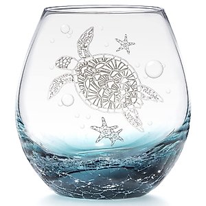 Sea Turtle Stemless Wine Glass, 19 Oz Ideal Unique Ocean Coastal Beach Gifts for Sea Turtle Lovers, Birthday Mother's Day Gifts for Party Women Man Mom Friends Co-worker (Crackle Teal)