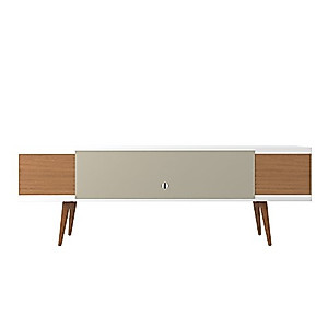 Manhattan Comfort Utopia Collection Mid Century Modern TV Stand With Open 3 Open Shelves and Two Open Cubbies, White/Wood