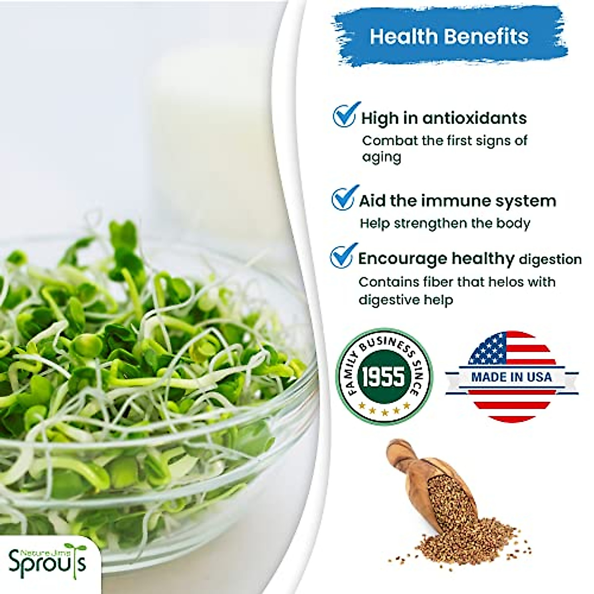 Nature Jims Alfalfa Sprout Seeds – 16 Oz Organic Sprouting Seeds – Non-GMO Premium Alfalfa Seeds – Resealable Bag for Longer Freshness – Rich in Vitamins, Minerals, Fiber