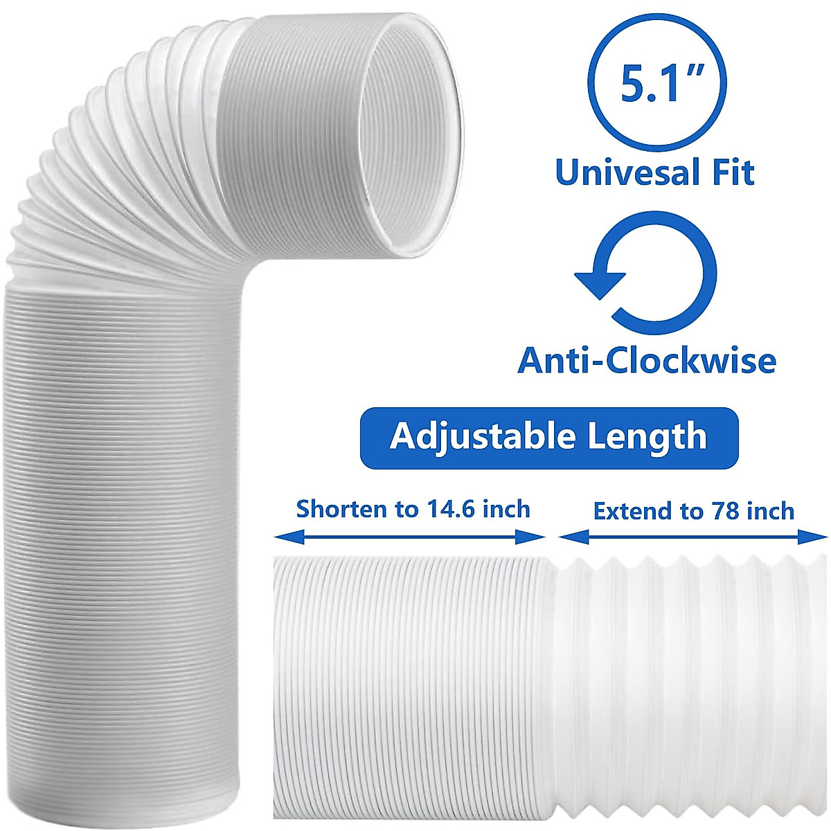Sgran Portable Air Conditioner Hose, 5.1 Inch Diameter AC Hose, Anti-Clockwise Thread AC Vent Exhaust Hose, Length Up to 78 Inch Compatible with Haier LG Delonghi Air Conditioner Parts
